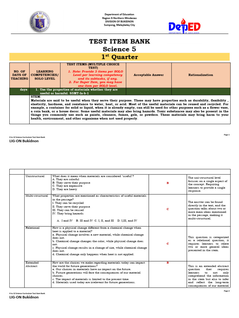 Test-Item-Bank - Science 1ST | PDF | Learning | Heat