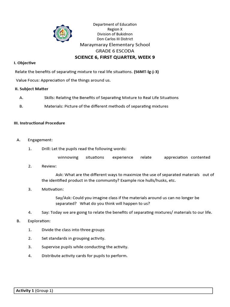Science Lesson Plan Q1W9 | PDF | Water | Lesson Plan
