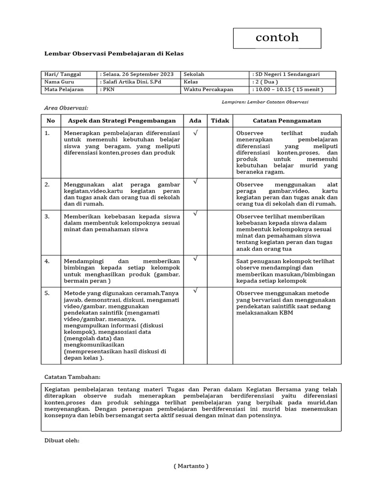 2 - Lembar Observasi Pembelajaran Di Kelas | PDF | Karier & Perkembangan | Seni