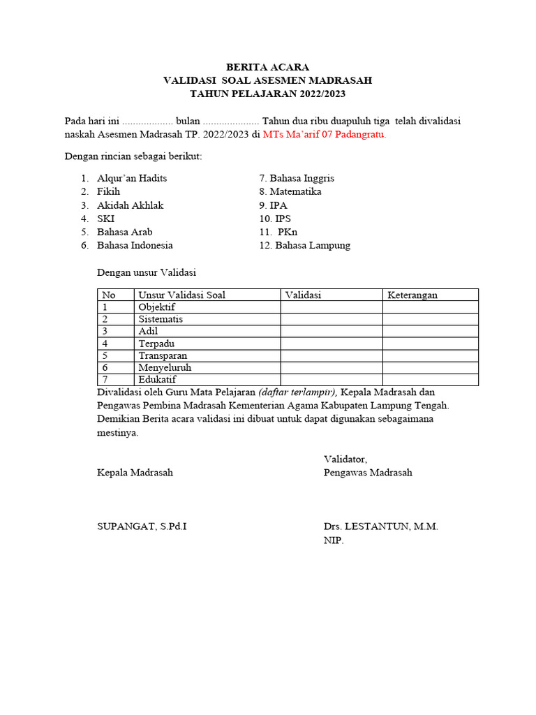 Contoh Berita Acara Validasi AM - 2023 | PDF | Karier & Perkembangan