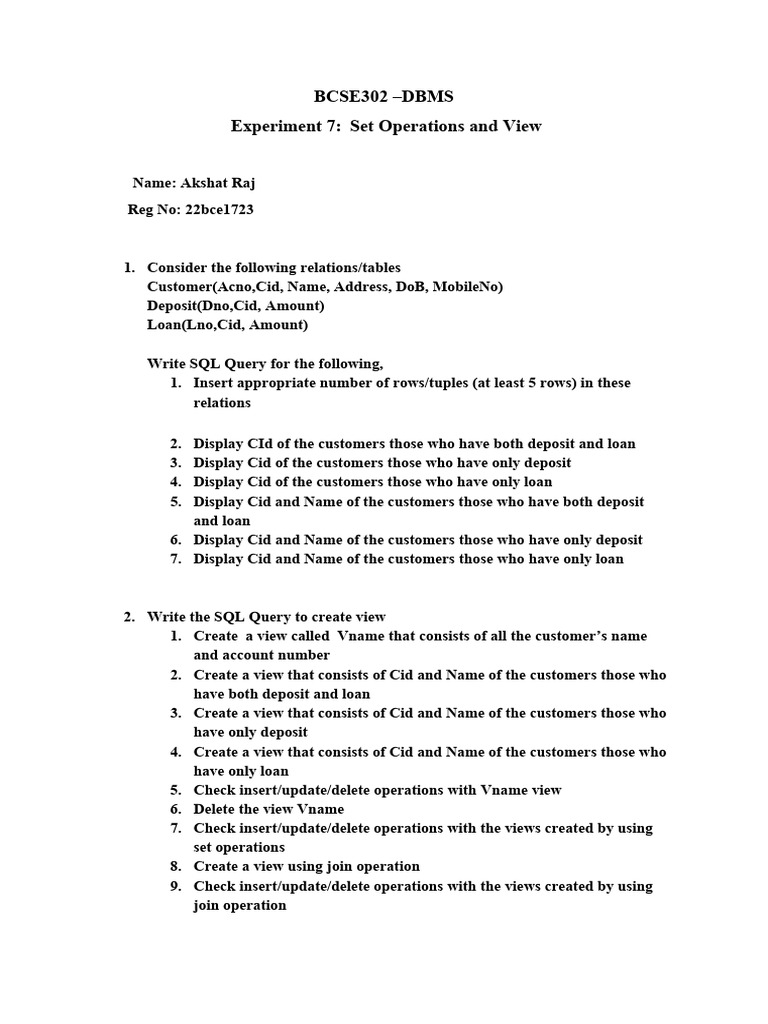 BCSE302 - DBMS Lab-Exercise 7 - SQL Set Operations and Views | PDF