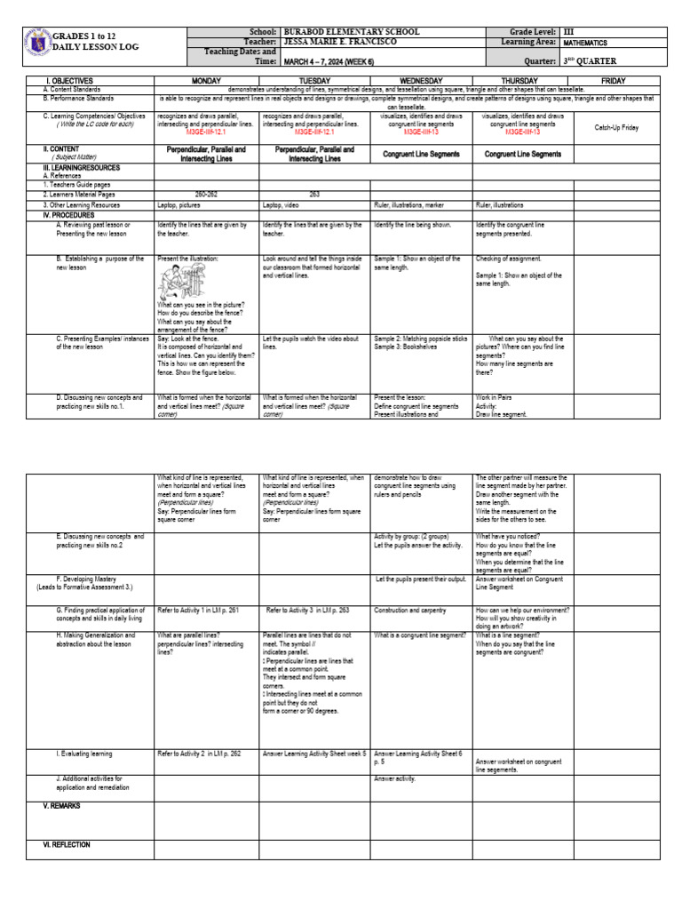 Grade 3 DLL MATH 3 Q3 Week 6 | PDF | Perpendicular | Learning