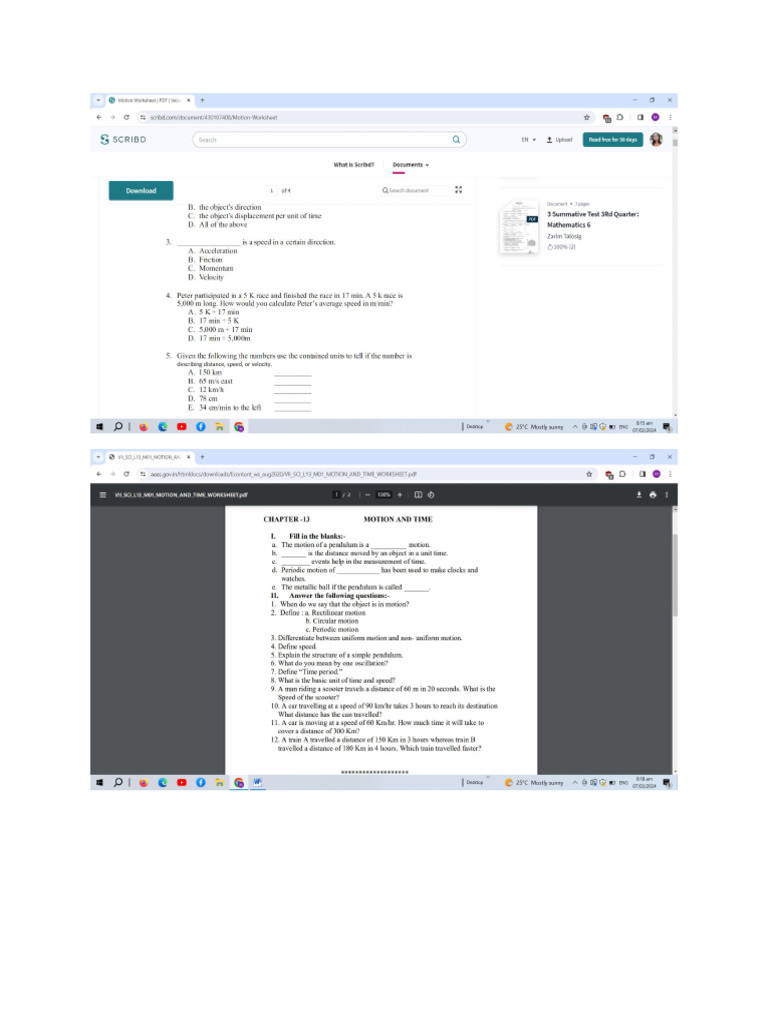 Worksheet For Motion | PDF