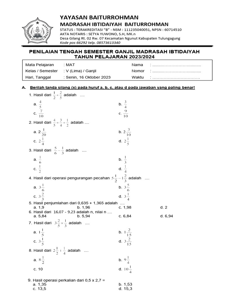 Kelas 5 - Soal PTS Ganjil Matematika | PDF