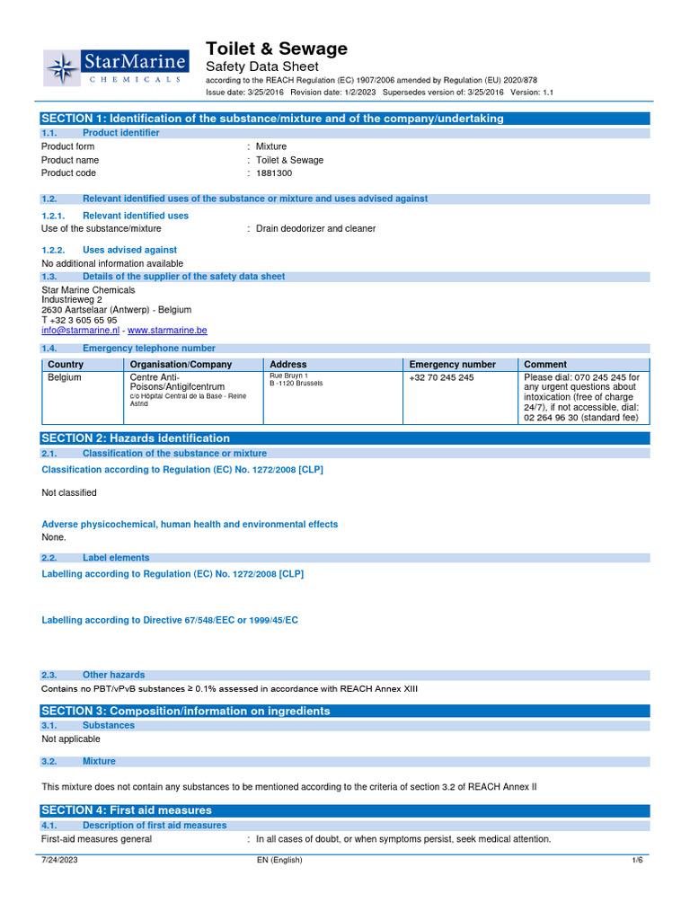 MSDS_Toilet_&_Sewage_CLP__E | PDF | Toxicity | Dangerous Goods