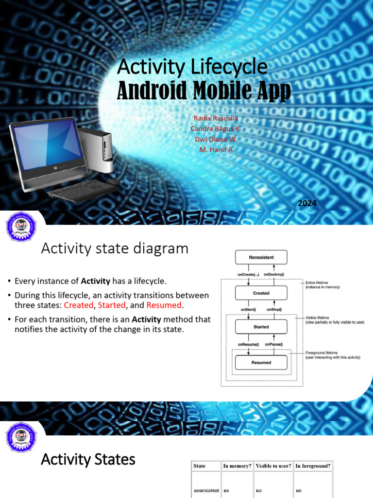 KMI401 - Pemrograman VI 2324032B MI PRG6 20232 M3 2 ActivityLifeCycle | PDF | Android (Operating ...