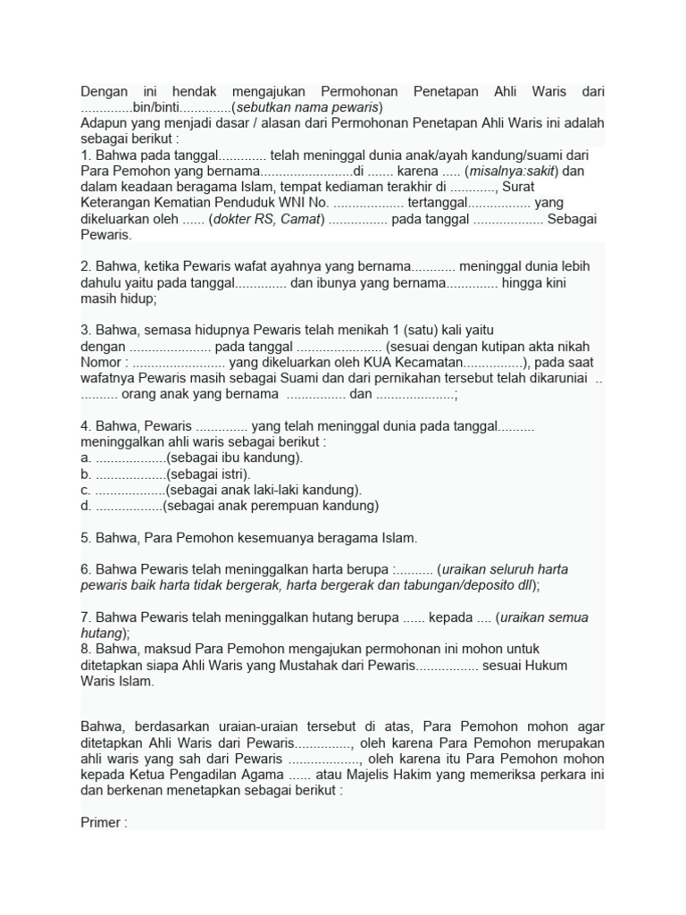Permohonan Penetapan Ahli Waris Islam | PDF | Politik | Olahraga & Rekreasi