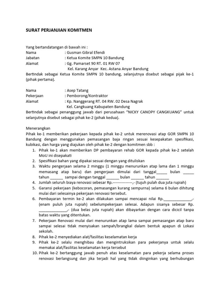 Surat Perjanjian Komitmen | PDF