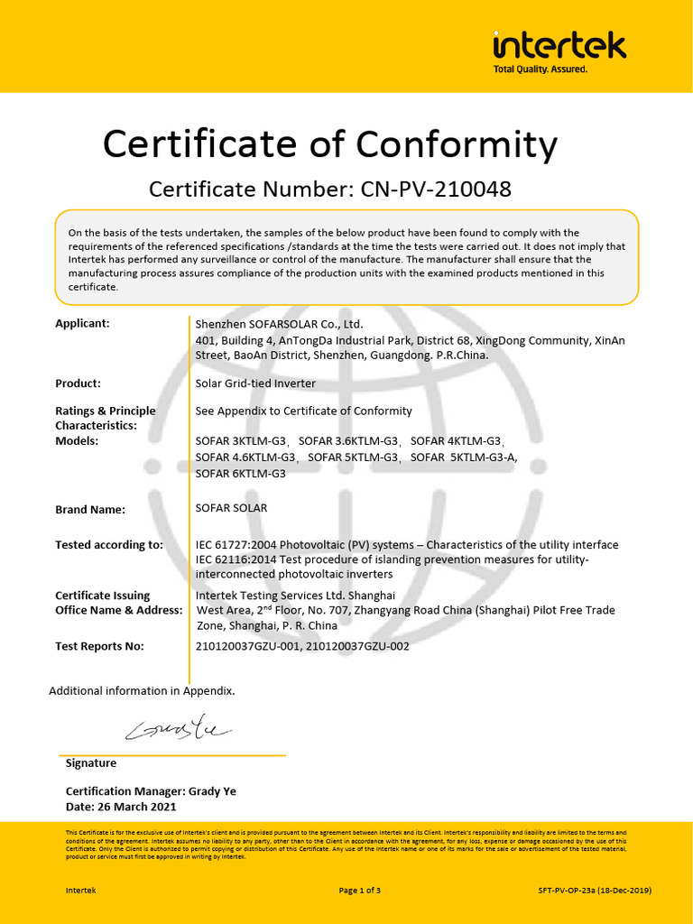 Sofar 3k 6ktlm-g3 Certificate Iec 61727 | PDF | Voltage | Alternating ...