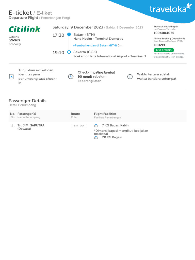机票BTH OCI2PC CGK FLIGHT - ORIGINATING | PDF