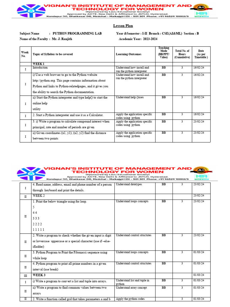 Lesson Plan - CSE (AI&ML) - B Section | PDF | Function (Mathematics) | Parameter (Computer ...