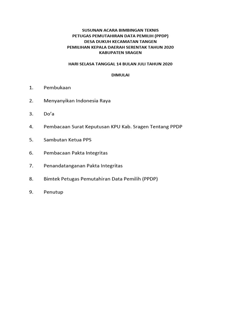 Contoh Susunan Acara Bimtek PPDP | PDF