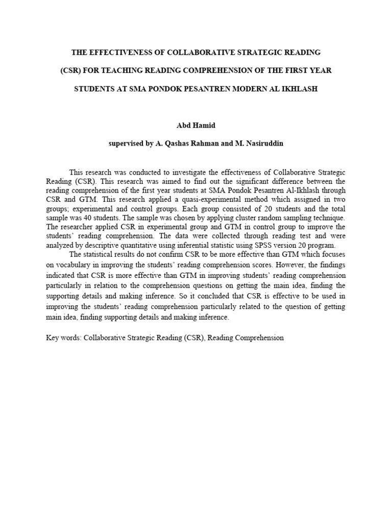 The Effectiveness of Collaborative Strategic Reading 1 | PDF | Reading ...