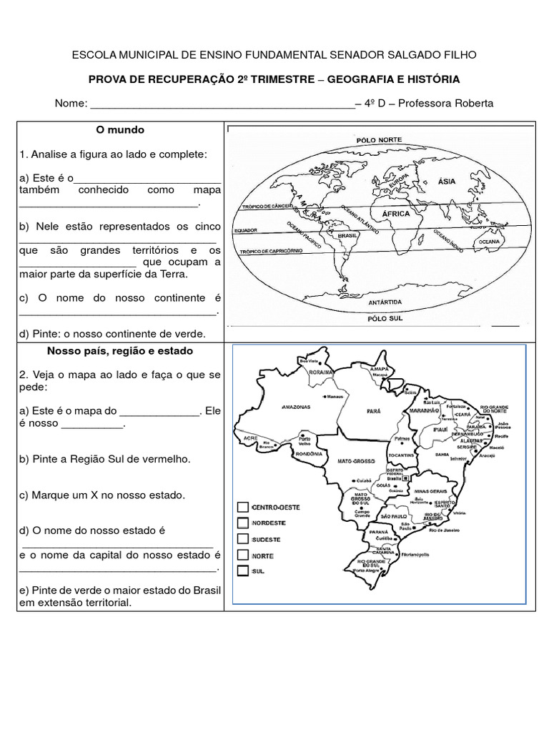 Recuperação 2º tri - 4º ano - Hist e Geo | PDF | Brasil | Continente
