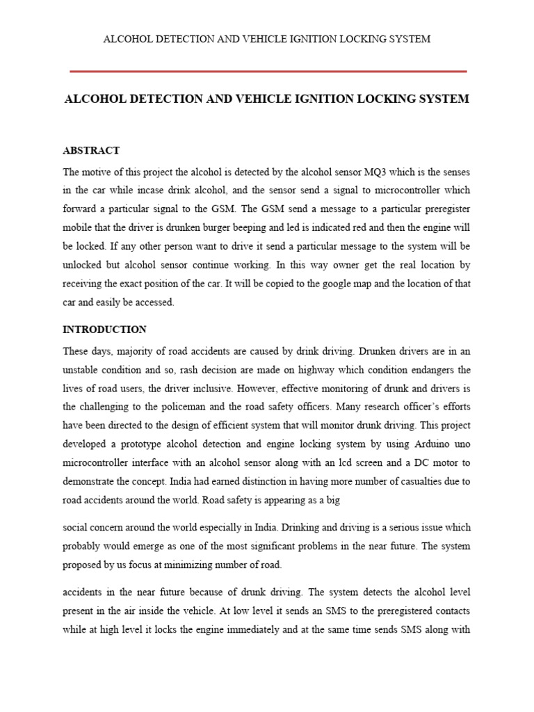 2K22 - Rep - Alcohol Detection and Vehicle Ignition Locking System | PDF | Microcontroller | Arduino