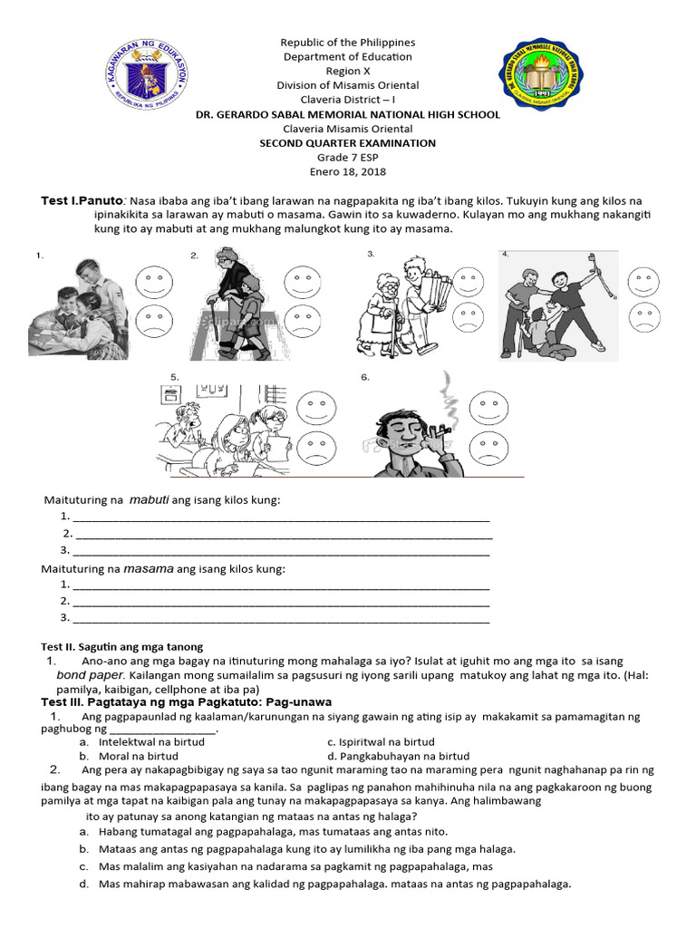 Test I.Panuto:: Dr. Gerardo Sabal Memorial National High School Second ...
