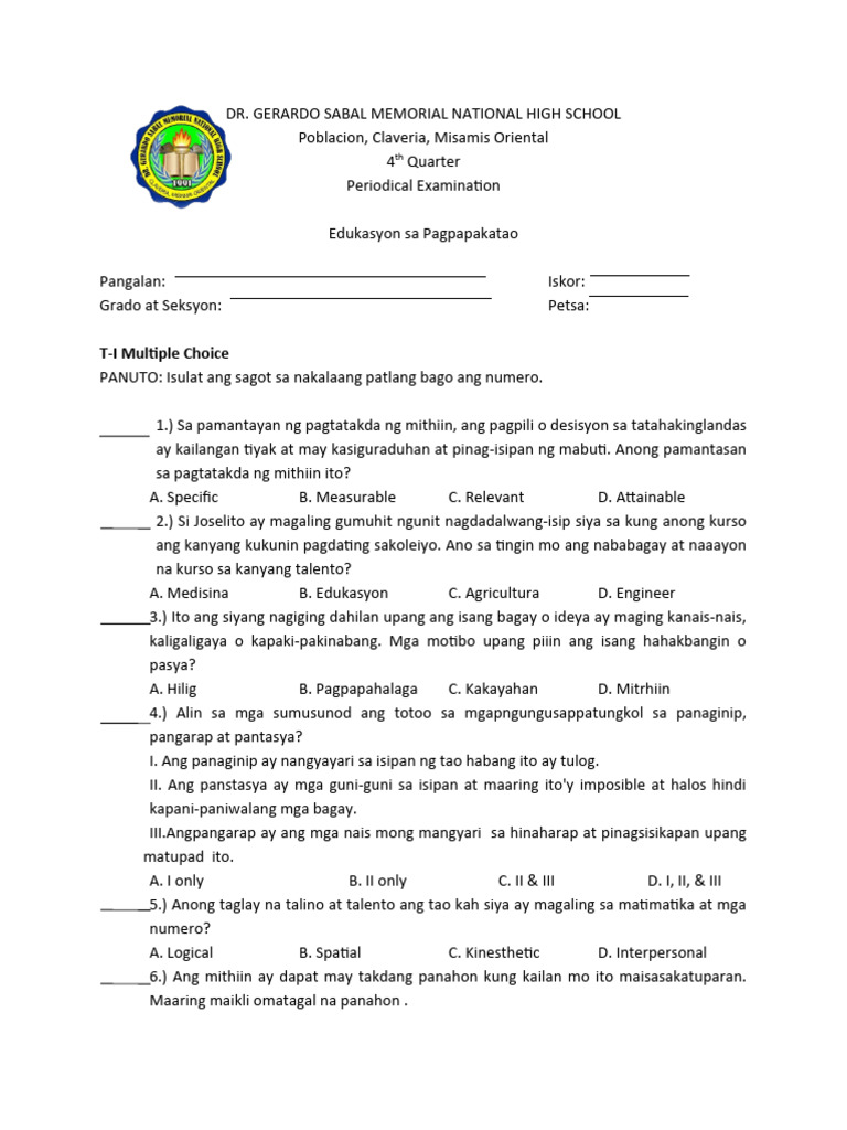 ESP 4th Quarter Exam | PDF