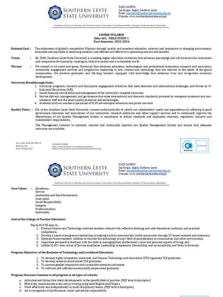 SLSU Field Study 1 Course Syllabus | PDF | Educational Assessment ...