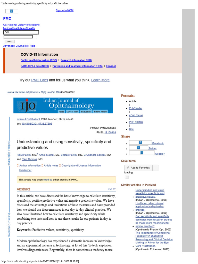 Understanding and Using Sensitivity, Specificity and Predictive Values ...