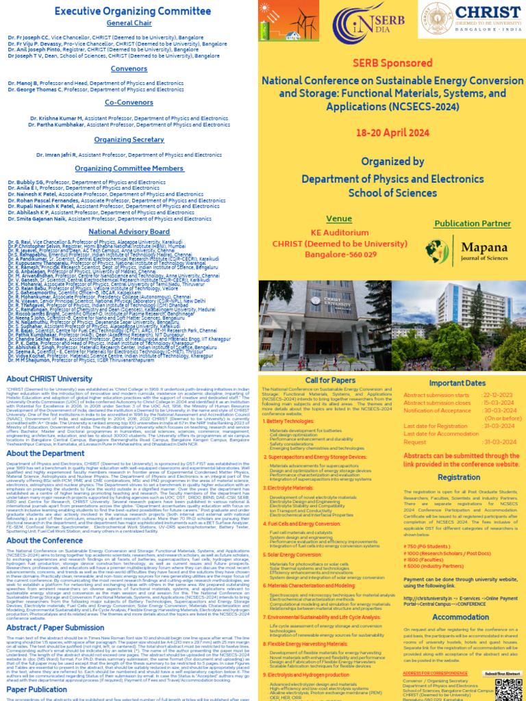 NCSECS-2024 - SERB Sponsored National Conference, Christ University, Bangalore | PDF | Physical ...