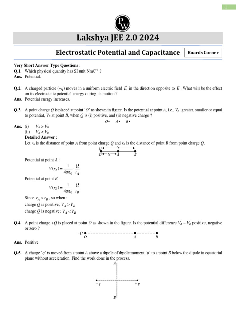 Electrostatic Potential and Capacitance Boards Corner Lakshya JEE | PDF | Capacitance | Capacitor