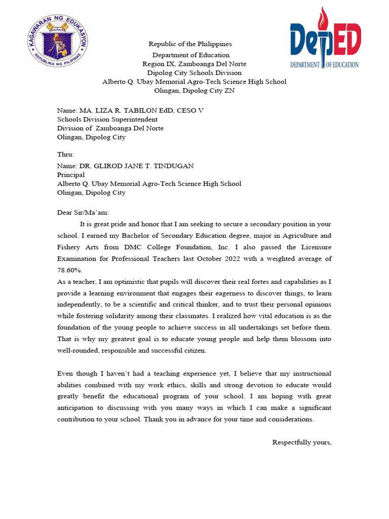 Deped Application Letter Eugene | PDF | Career & Growth | Business