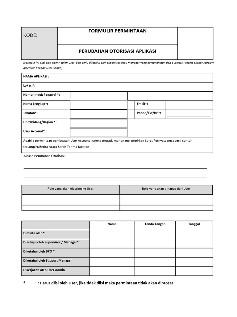 Formulir Permintaan Perubahan Otorisasi Aplikasi | PDF
