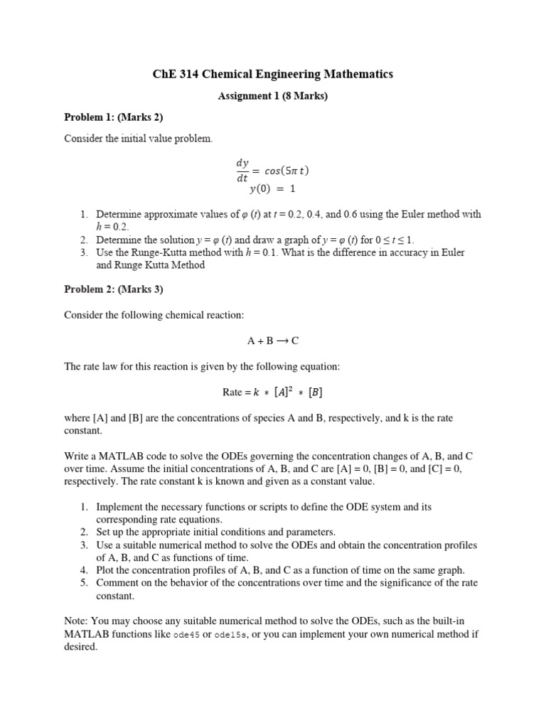 Che 314 Chemical Engineering Mathematics: Assignment 1 (8 Marks ...