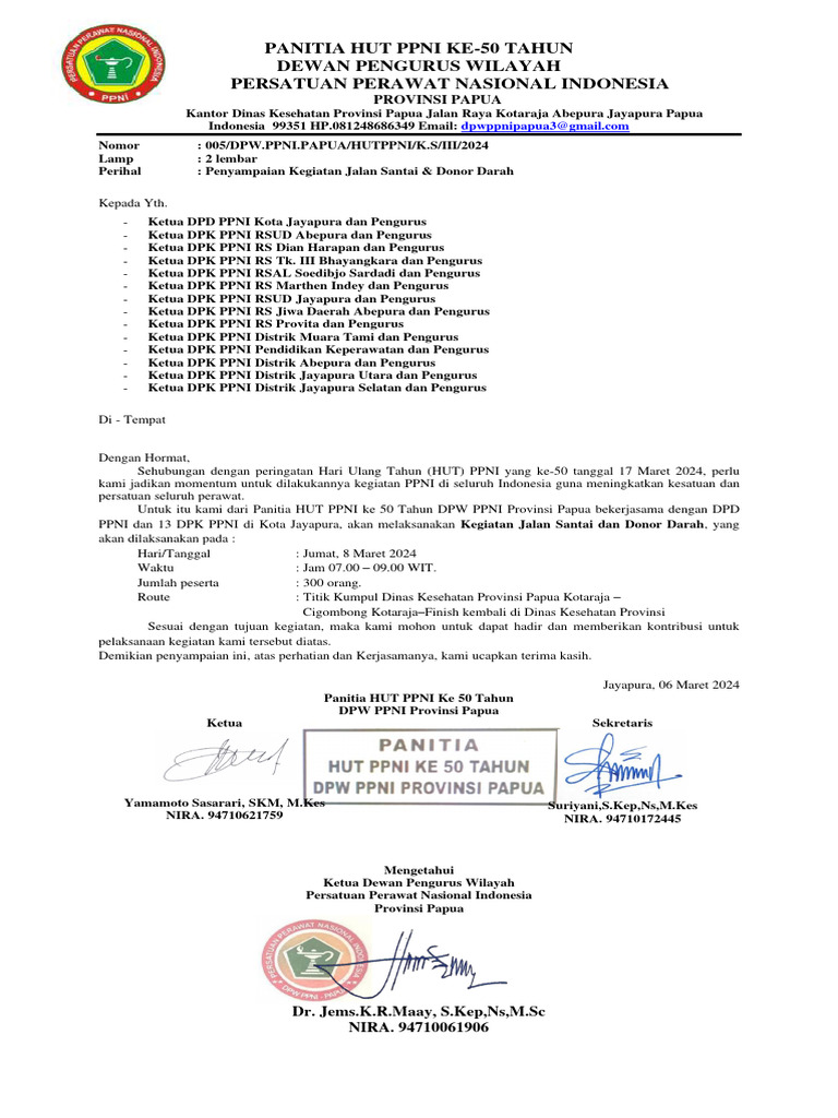 Surat Ke DPD PPNI Dan DPK PPNI Kota Jayapura HUT Emas PPNI | PDF