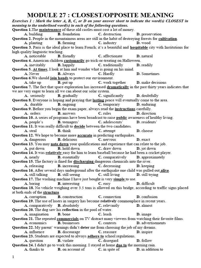 Module 27 - Closestopposite Meaning | PDF