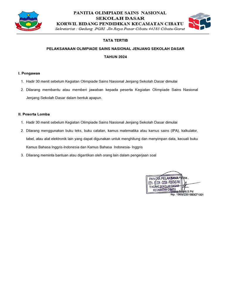 Tata Tertib Osn SD Tahun 2024 | PDF