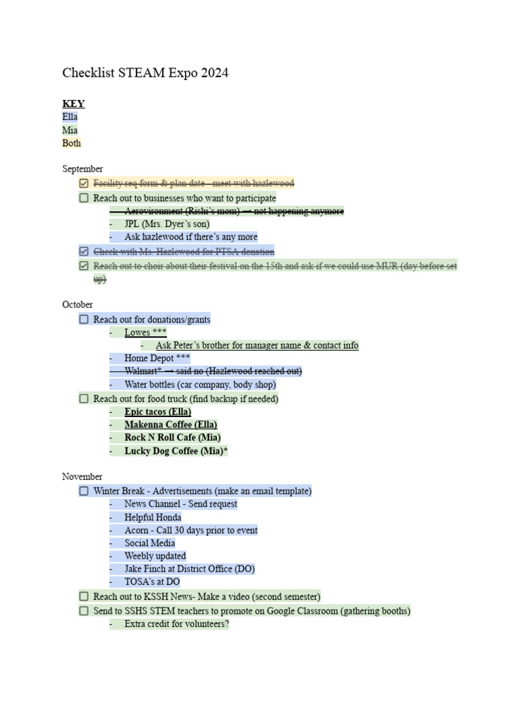 STEAM Expo 2024 Planning Checklist | PDF