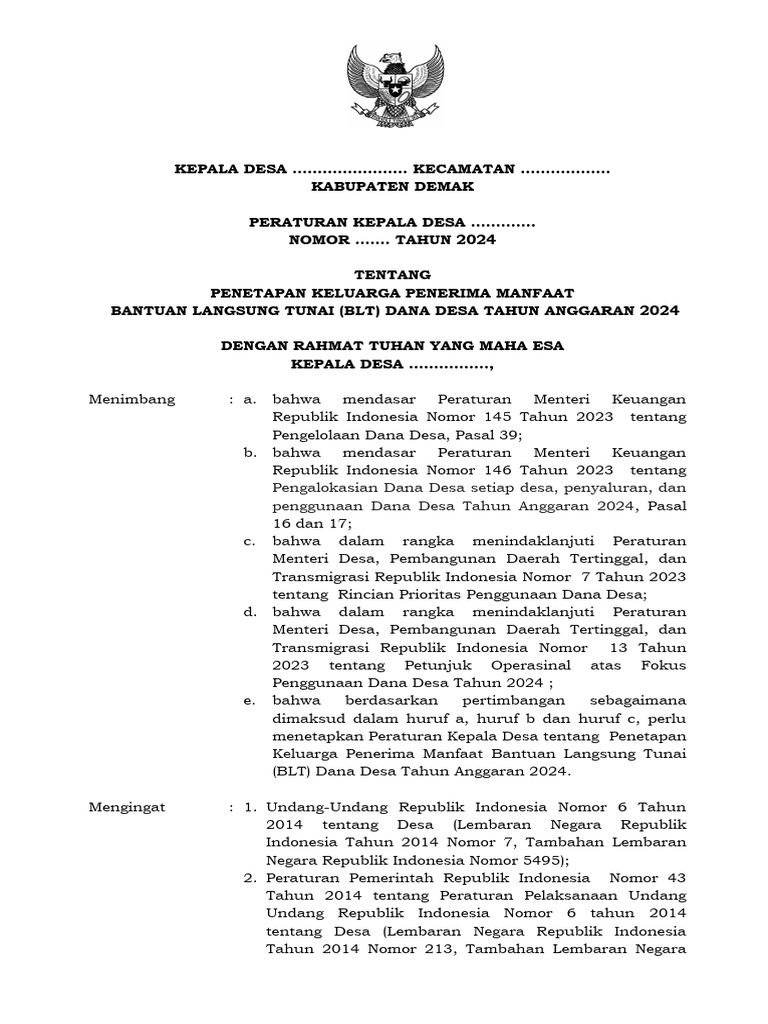 Contoh Draft PERKADES KPM BLT Dana Desa 2024 | PDF