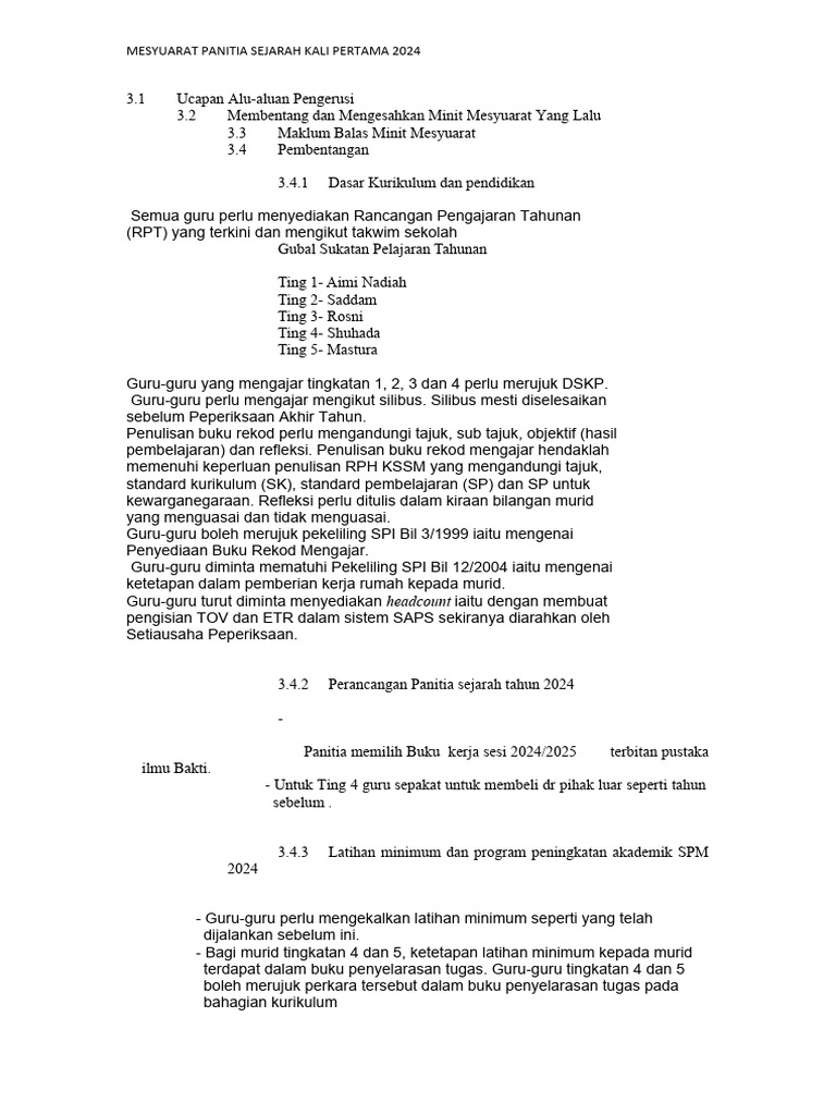 Minit Curai Mesyuarat Panitia Sejararah 2024 | PDF