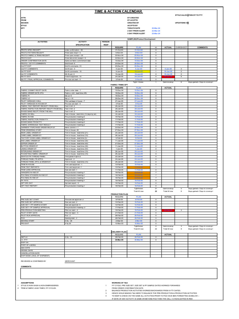 Time & Action Calendar Format - Apparel Manufacturing | Download Free ...