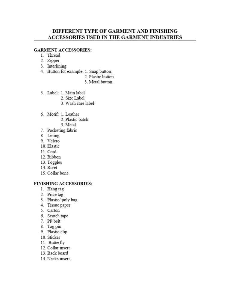 Different Type of Garment and Finishing Accessories | PDF | Clothing