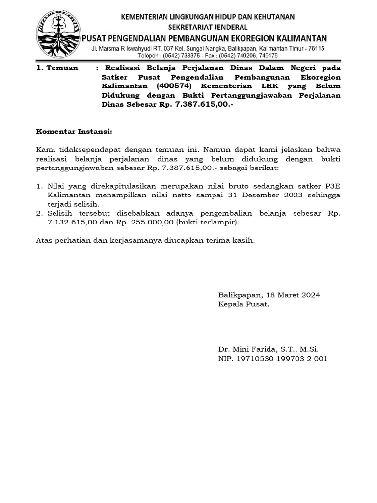 Surat Tanggapan Temuan BPK | PDF