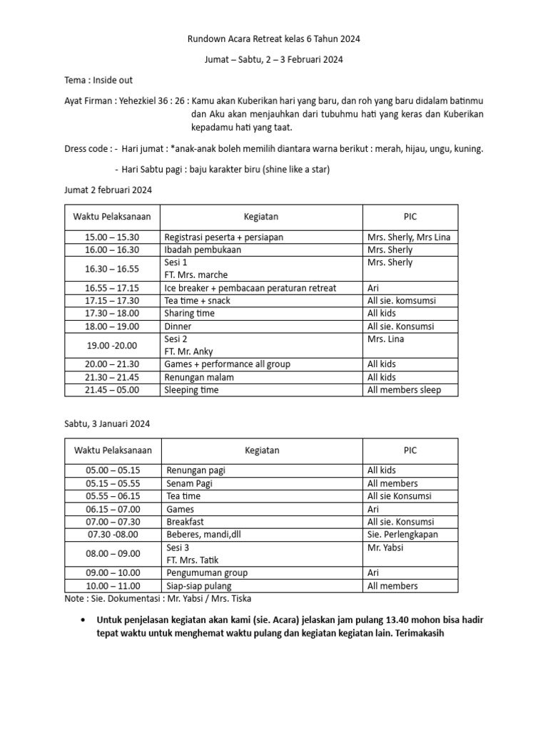 Rundown Acara Retreat Kelas 6 Tahun 2024 | PDF