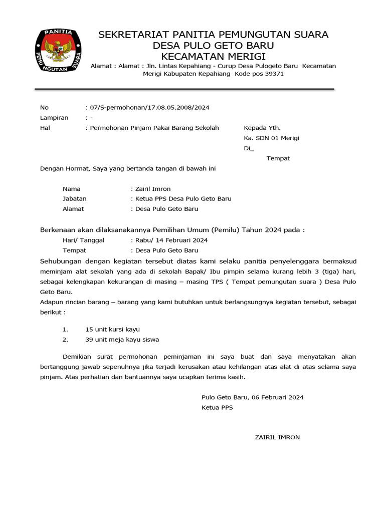 Surat Pinjam Pakai Kursi Ke Sekolah | PDF