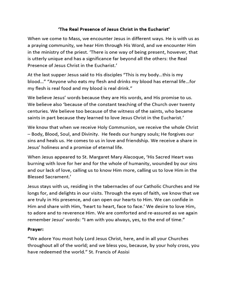 The Real Presence of Christ in The Eucharist | PDF