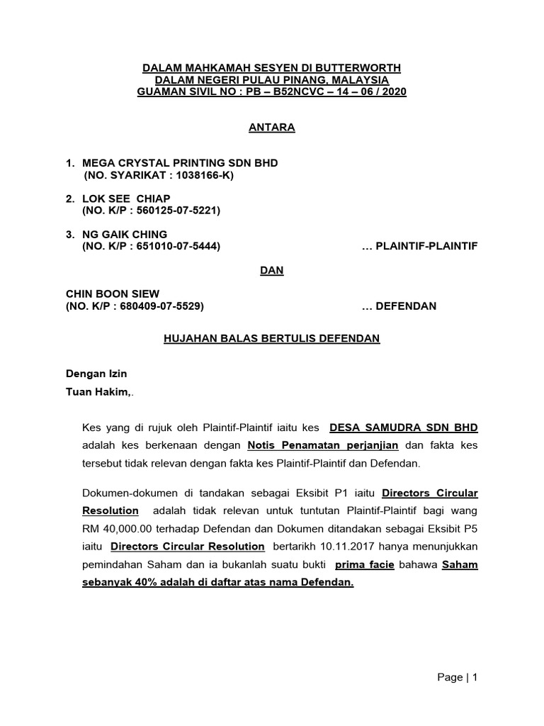 Hujahan Balas Bertulis Defendan | PDF | Business | Common Law