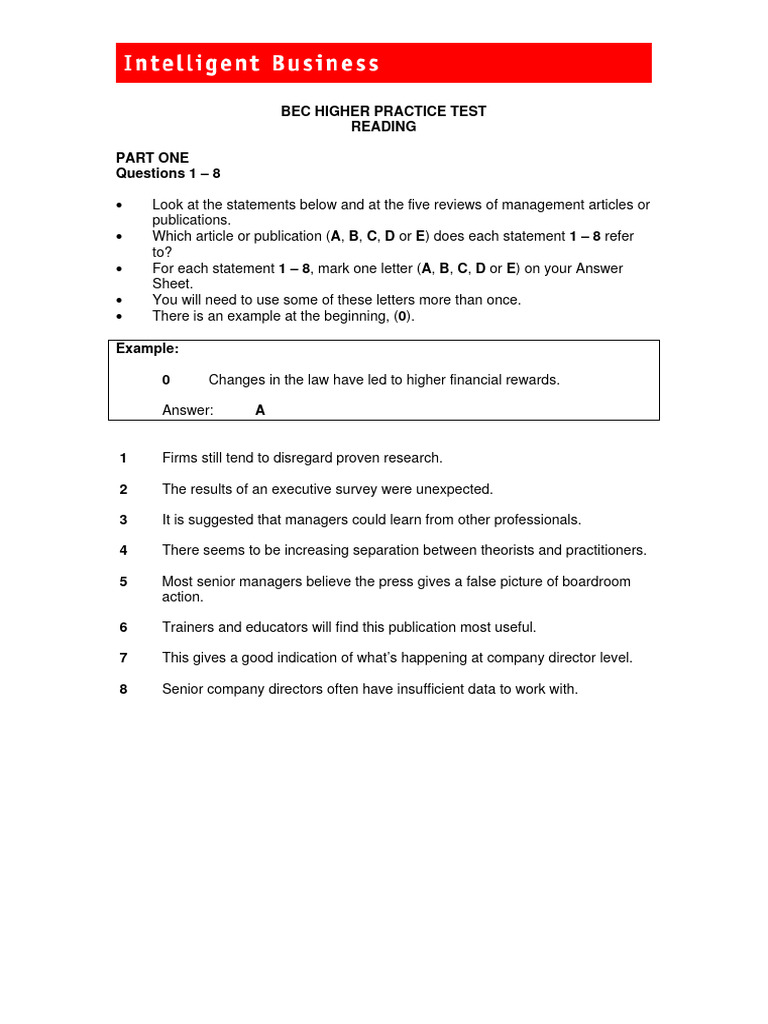 BEC Higher Reading Part One | PDF | Cognition