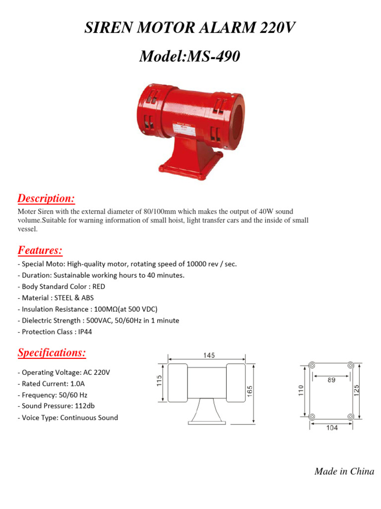 75 Siren Motor Alarm MS-490 220V | PDF