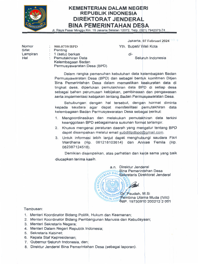 Surat Pemutakhiran Data BPD 2024 TTD | PDF