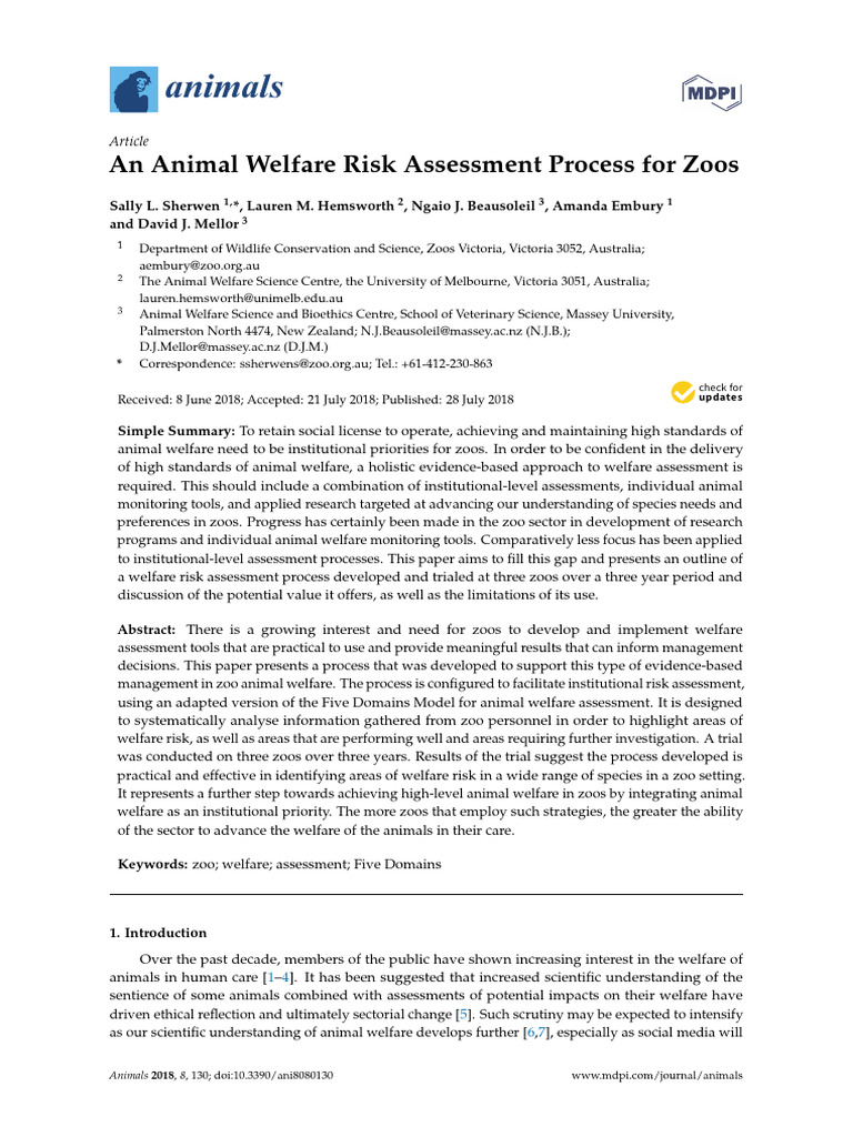 Sherwen Et Al. (2018) - An Animal Welfare Risk Assessment Process For ...