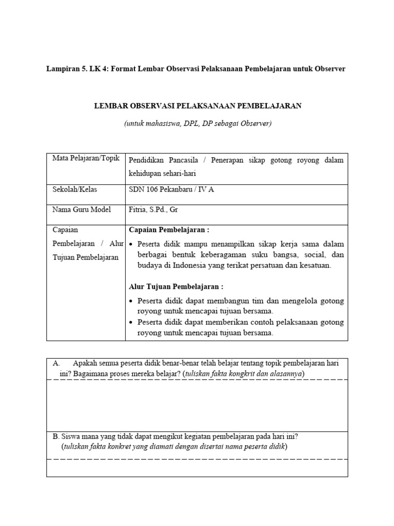Lampiran 5. LK 4 Format Lembar Observasi Pelaksanaan Pembelajaran Untuk Observer | PDF | Karier ...