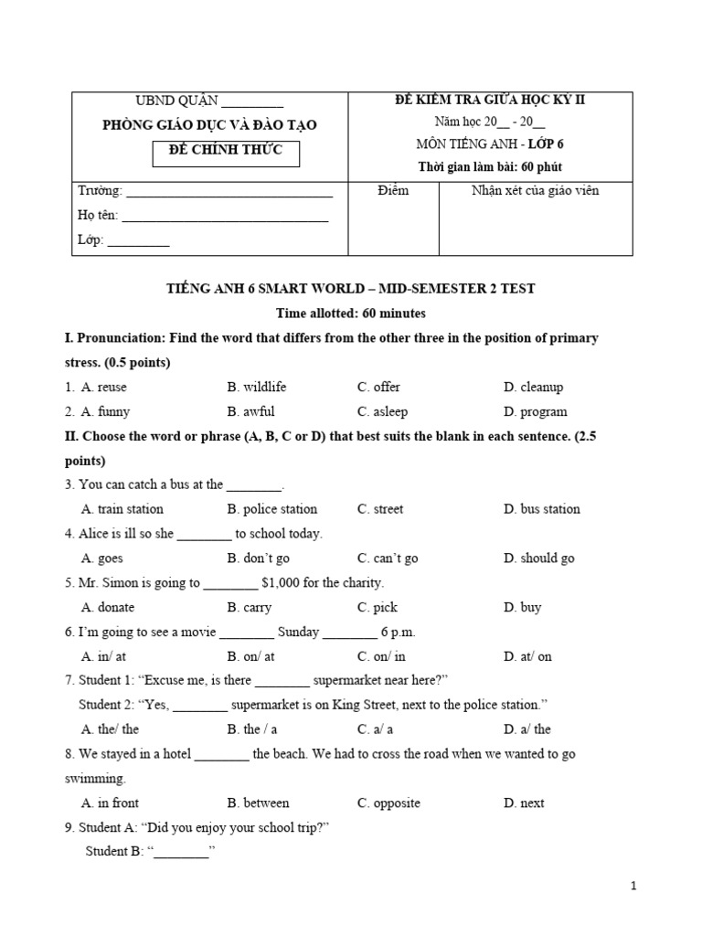 English 6 Mid-Semester 2 Exam | PDF