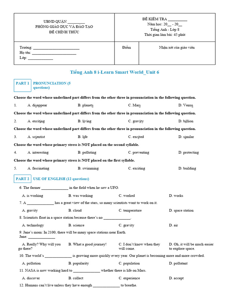 English 8 Unit 6 Test: i-Learn Smart World | PDF | Unidentified Flying ...