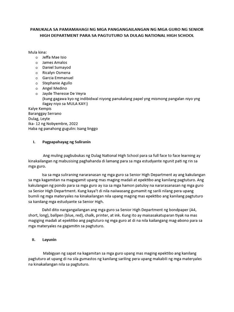 Panukala Sa Pamamahagi NG Mga Pangangailangan NG Mga Guro NG Senior ...