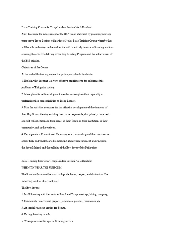 Basic Training Course For Troop Leaders Session No | PDF | Scouting